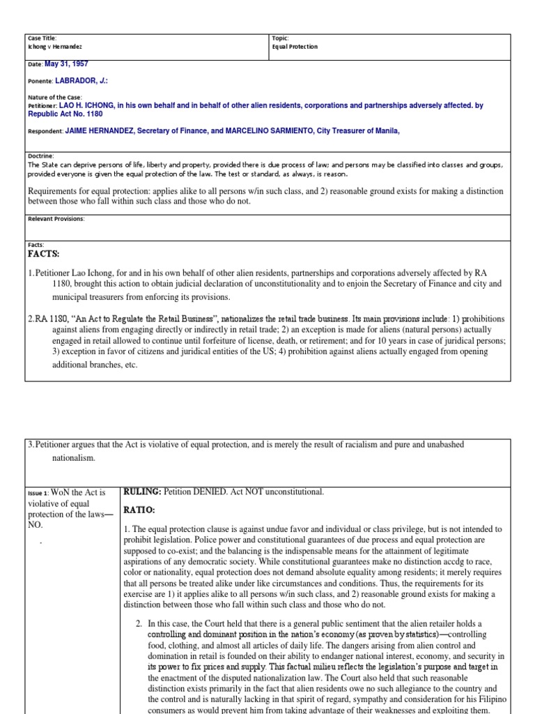Ichong V Hernandez Equal Protection: Case Title: Topic | PDF | Equal ...