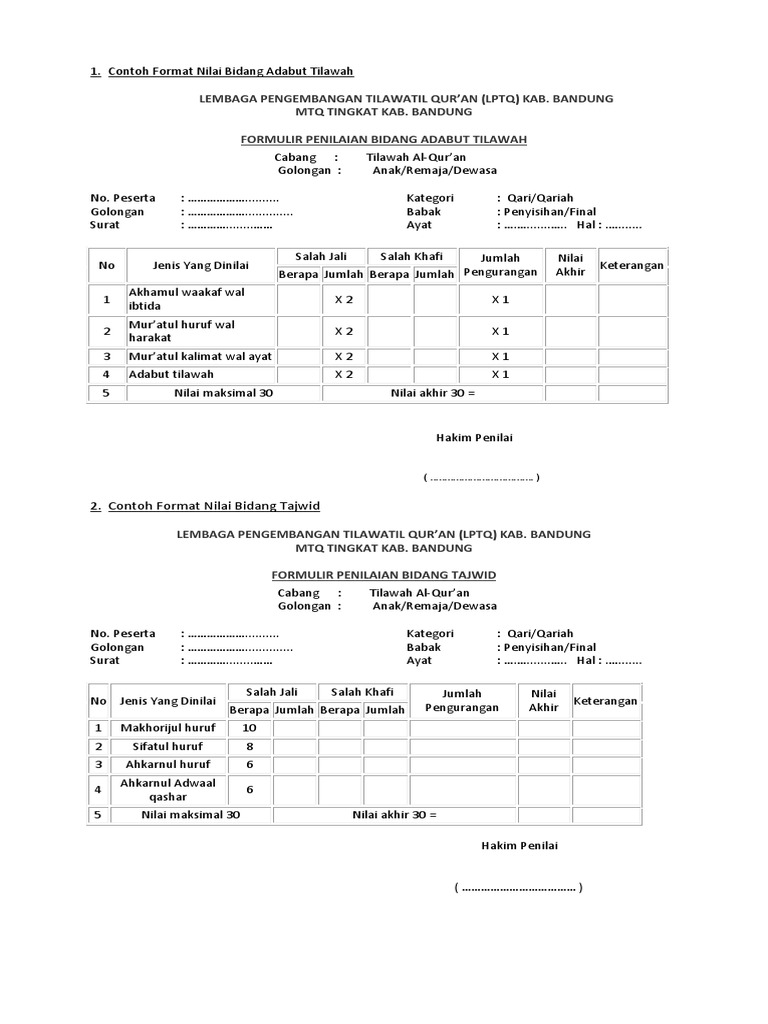 Format Penilaian MTQ Tilawah | PDF
