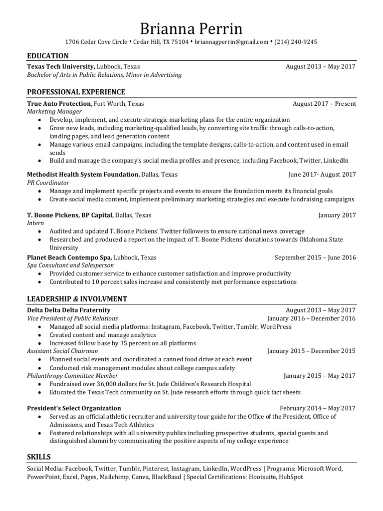 Brianna Perrin Resume | PDF | Social Media | Popular Culture & Media ...
