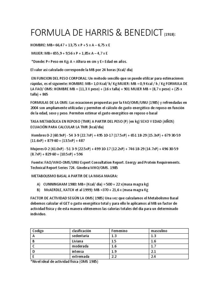 Formula De Harris & Benedict