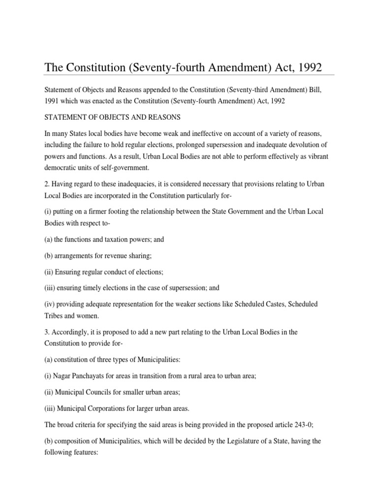 The Constitution (Seventy-Fourth Amendment) Act, 1992 | PDF | U.S. State | Constitutional Law