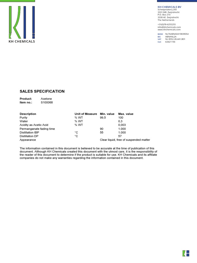 Sales Specification: KH Chemicals | PDF | Materials | Chemical Compounds