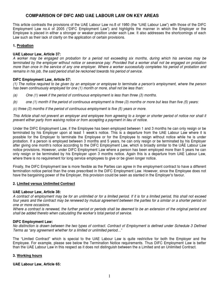 Comparison of Difc and Uae Labour Law On Key Areas | PDF | Employment ...