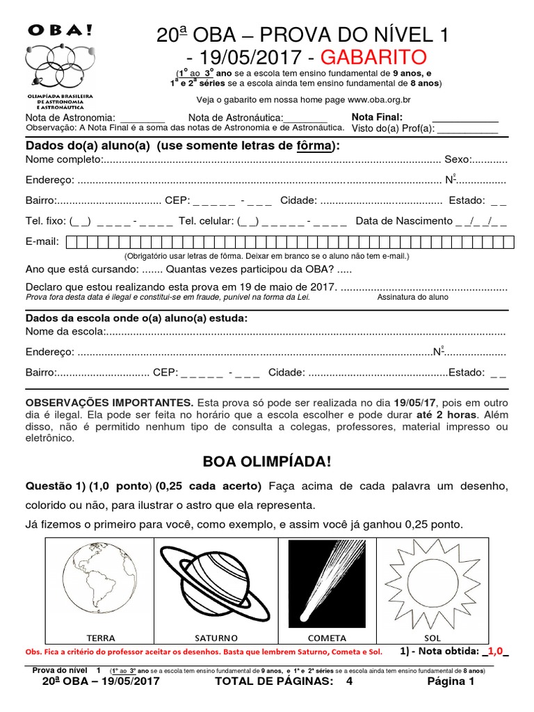 Prova Nivel 1 Da XX Oba de 2017 - Gabarito | PDF | Satélite natural | Sol