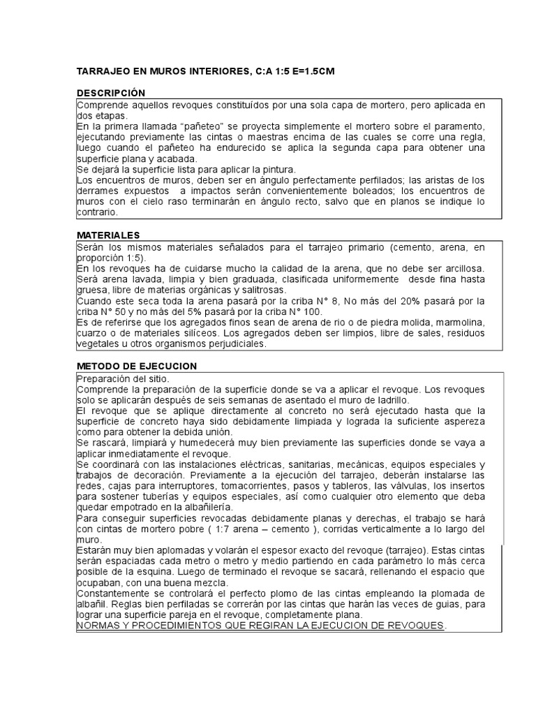 Tarrajeo en Muros Interiores, C-A 1-5 e 1.5CM | Descargar gratis PDF ...