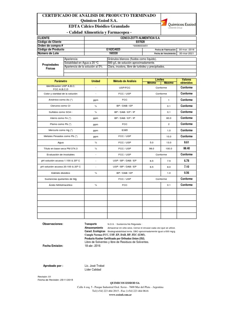 Edta Disodico 6003451 Lote 160330 Coa | PDF | Ácido ...