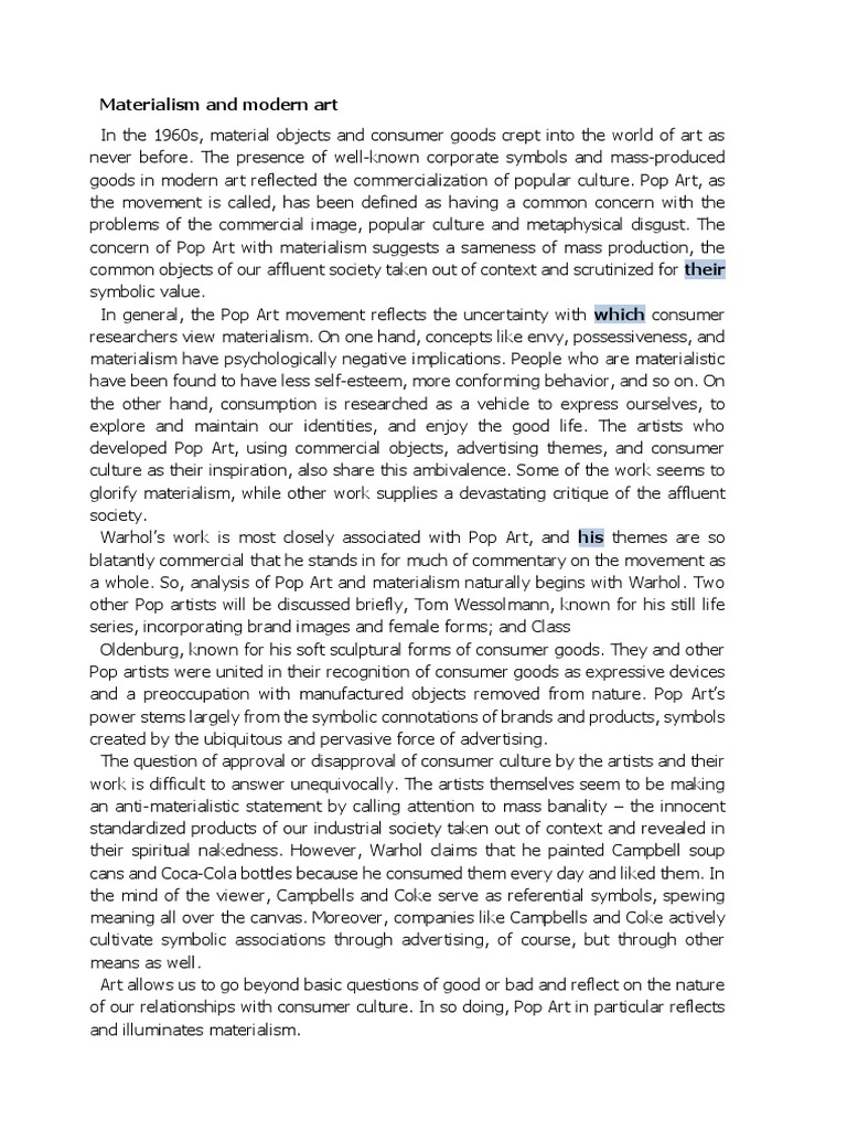 Materialism and Modern Art | PDF | Materialism | Consumerism