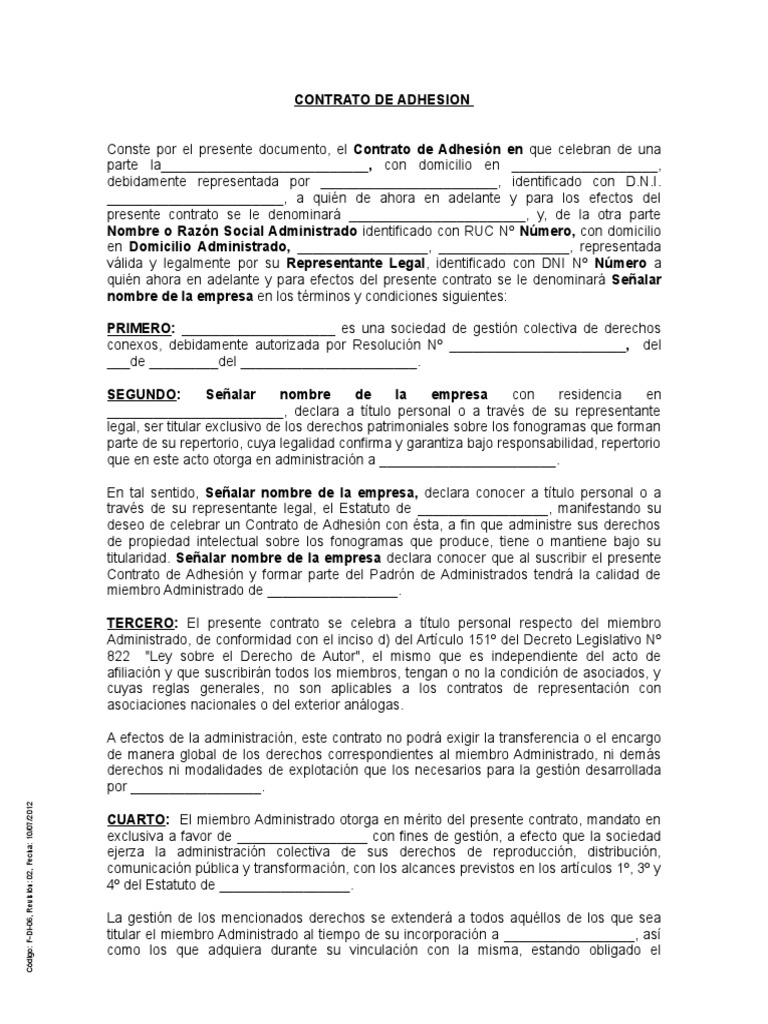 Modelo Contrato de Adhesión | Regulación | Instituciones sociales ...