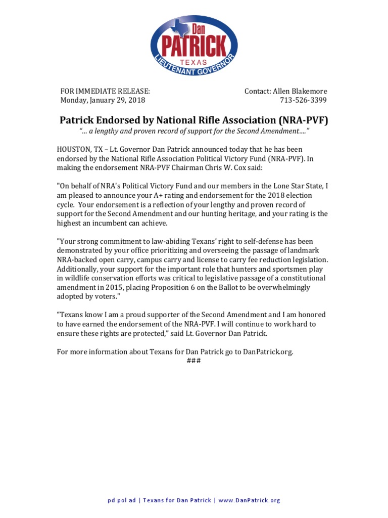 Patrick Endorsed by National Rifle Association (NRA-PVF) | PDF