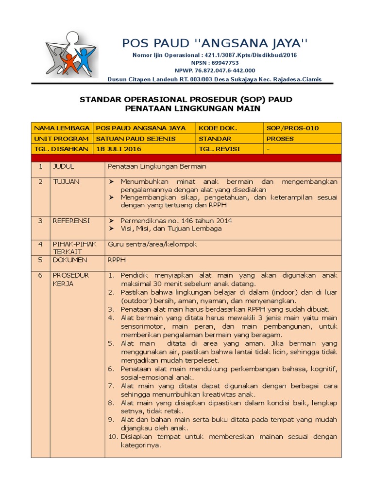 10 Sop Paud Penataan Lingkungan Main | PDF