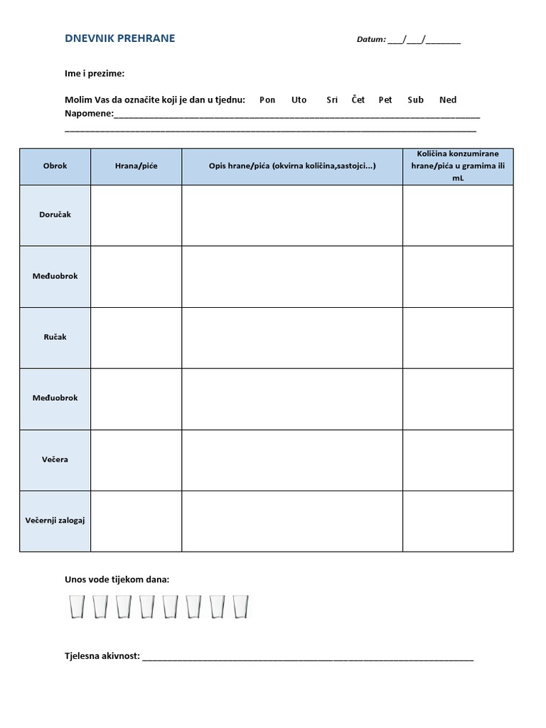 Dnevnik Prehrane - Obrazac | PDF