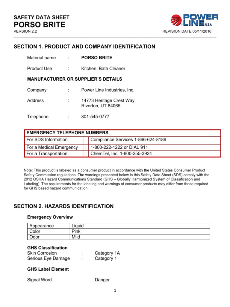 Porso Brite: Safety Data Sheet | PDF | Occupational Safety And Health ...