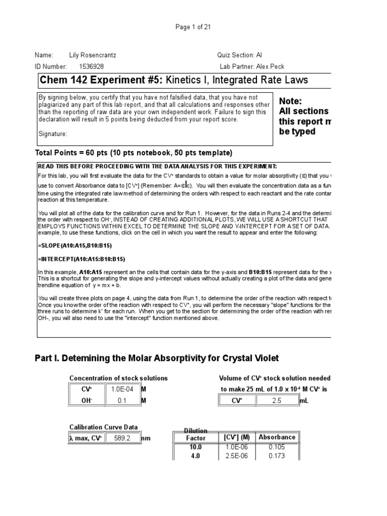 Chem 142 Kinetics 1 Lab Report | Download Free PDF | Molar ...