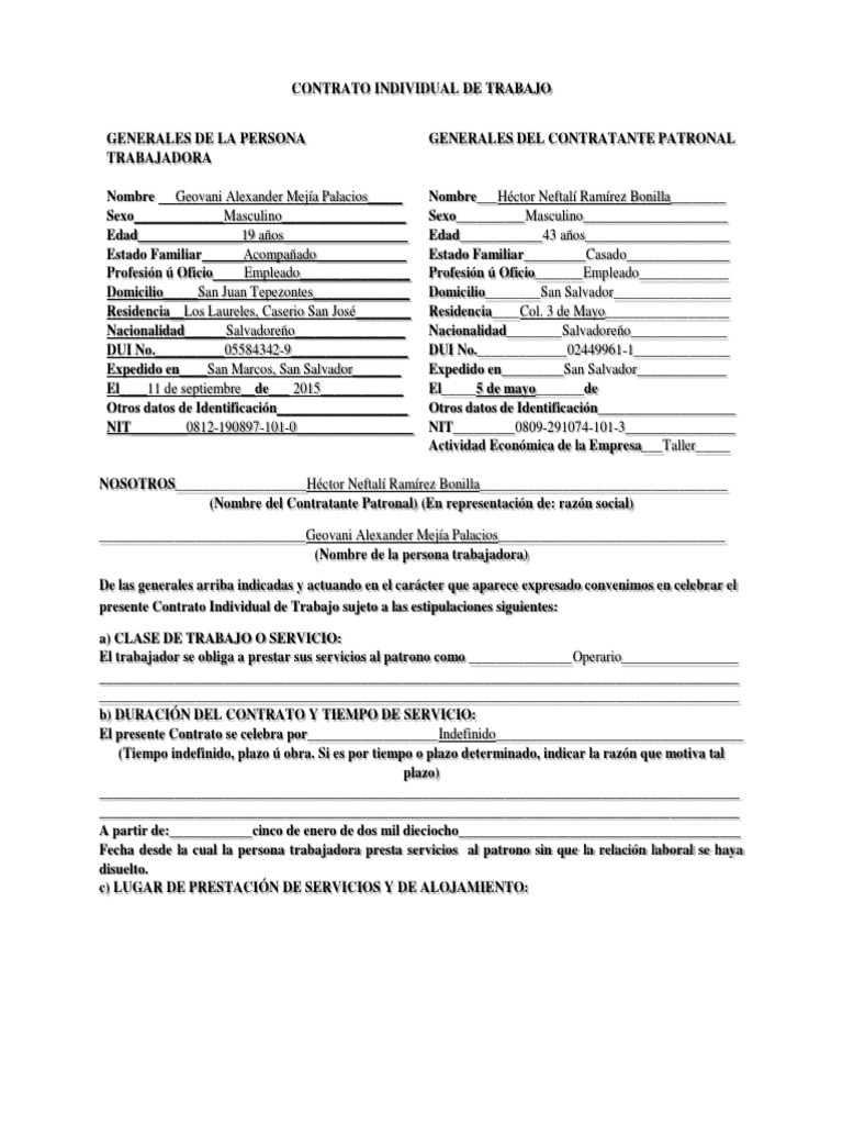 Contrato Individual de Trabajo (Formato) | Economias | Gobierno