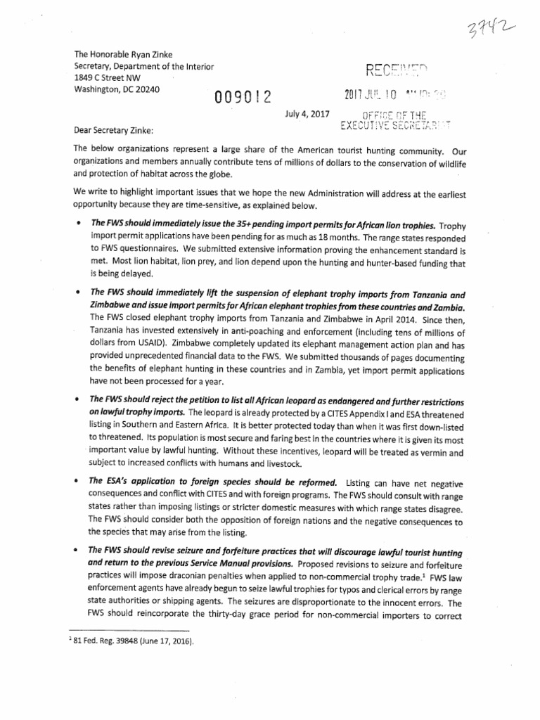 Conservation Force Letter - Ryan Zinke | PDF