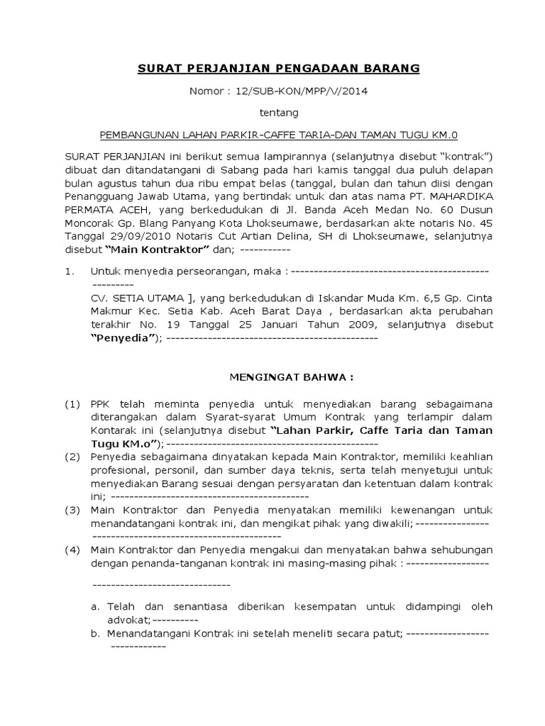 Surat Perjanjian Pengadaan Barang | PDF