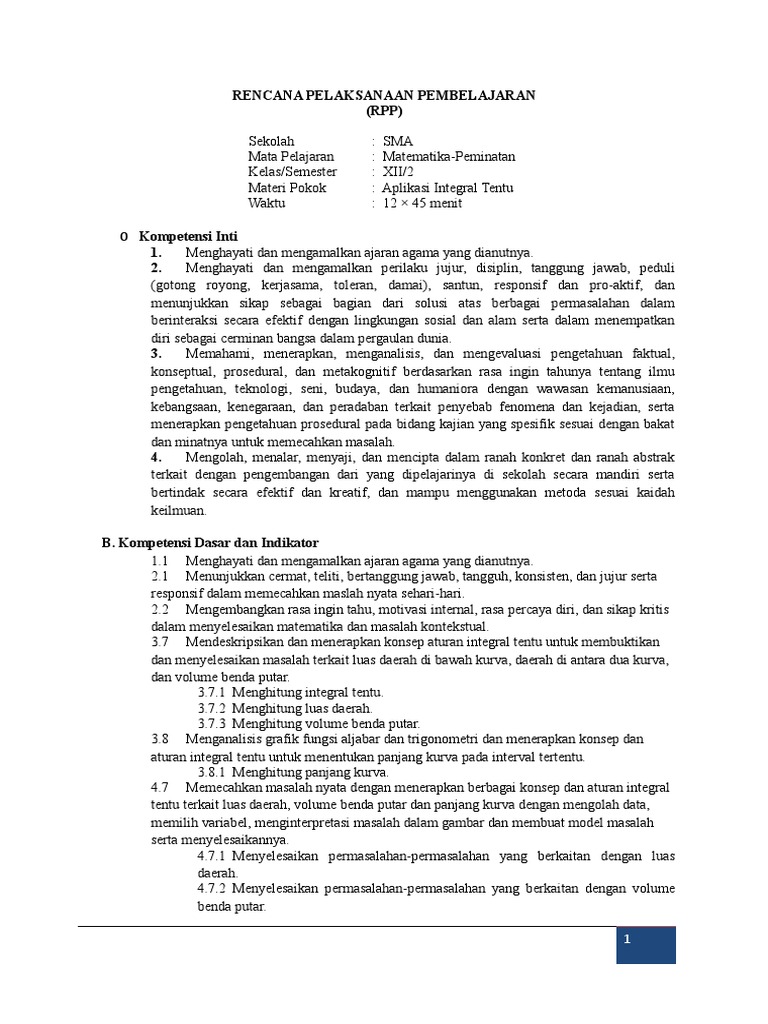 RPP Matematika: Integral Tentu | PDF
