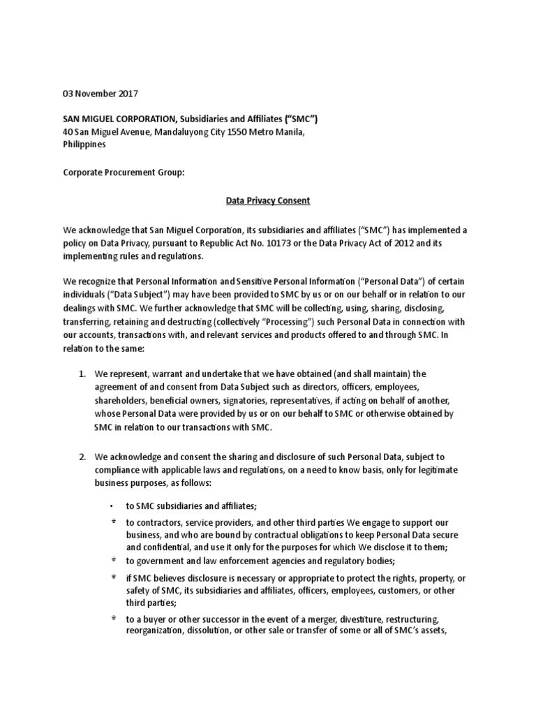 Supplier Data Privacy Consent Statement To SMC Ver 4 | PDF | Personally ...
