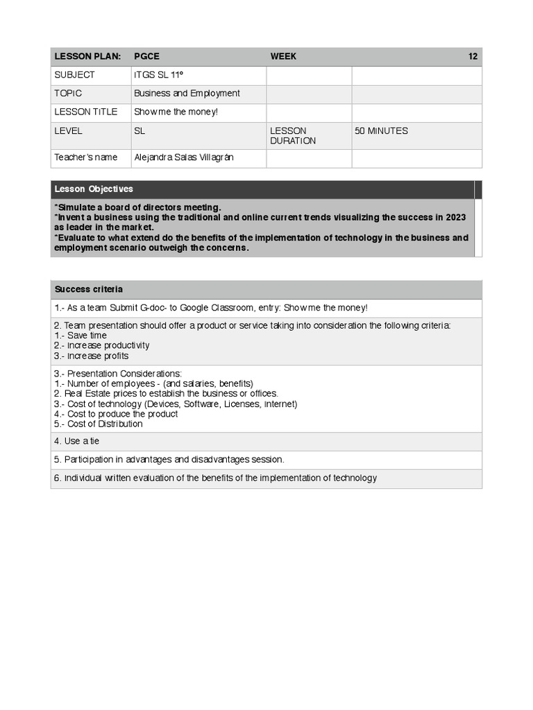 ITGS Lesson Plan: Business & Employment | PDF | Employment | Simulation