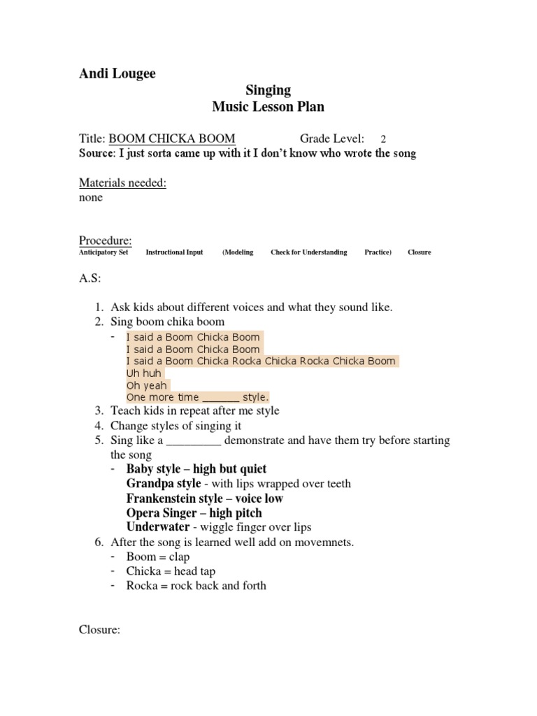 Andi Lougee Singing Music Lesson Plan | PDF | Singing | Lesson Plan