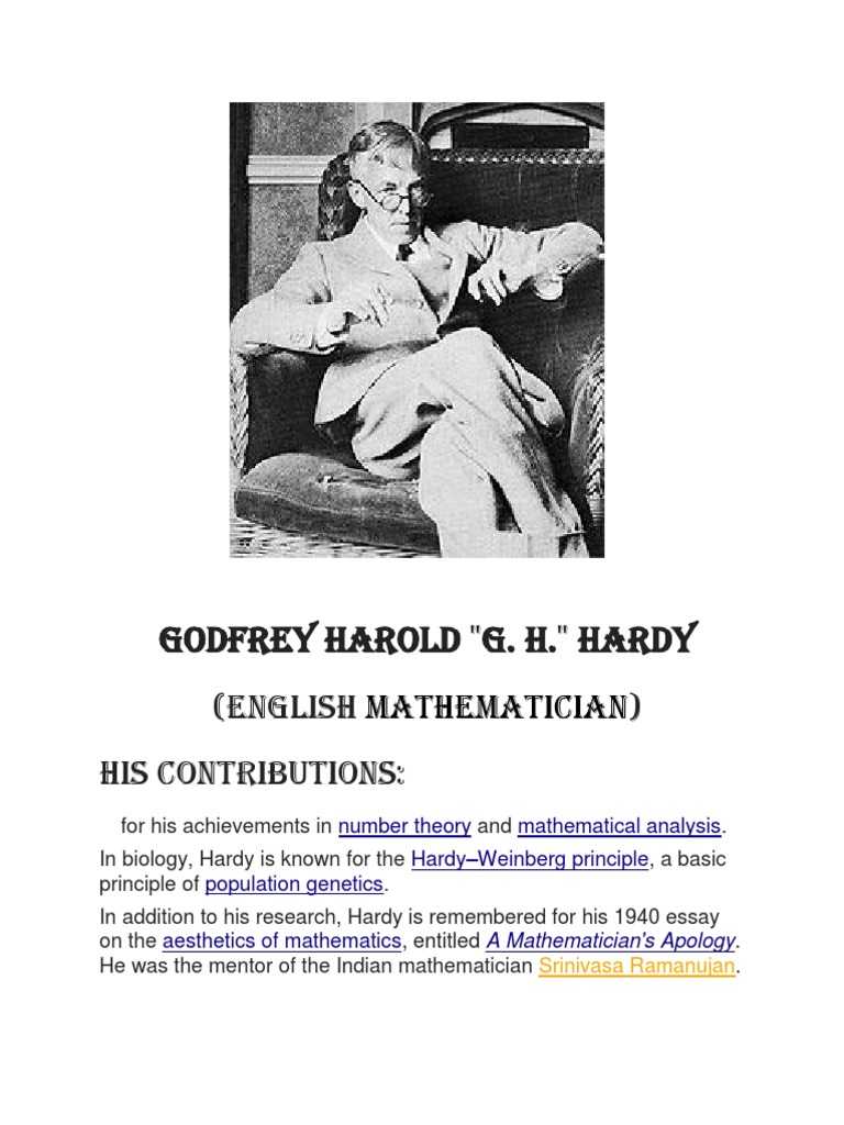 Godfrey Harold "G. H." Hardy: (English) His Contributions | PDF