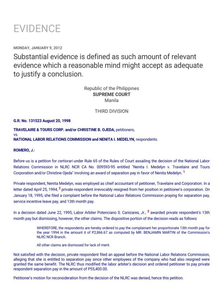 EVIDENCE Substantial Evidence Is Defined As Such Amount of Relevant ...