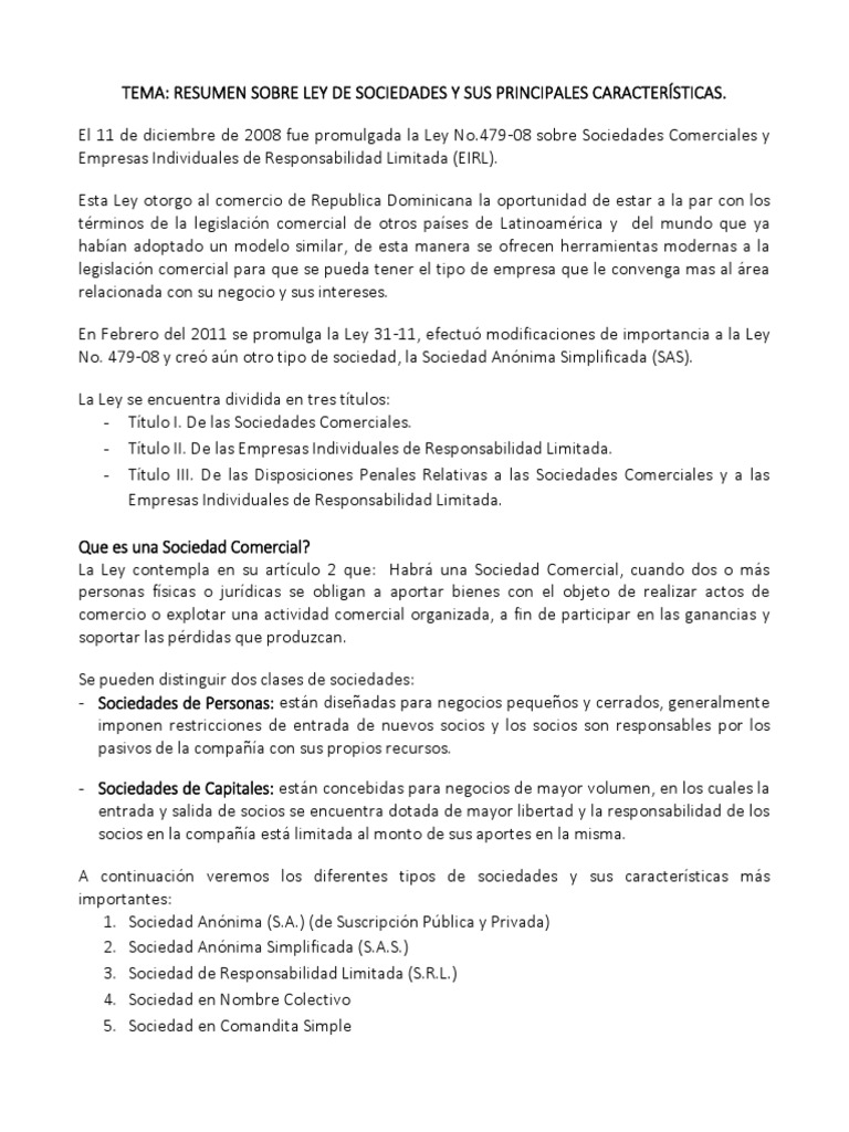 Resumen Ley 479-08 | PDF | Sociedad de responsabilidad limitada ...