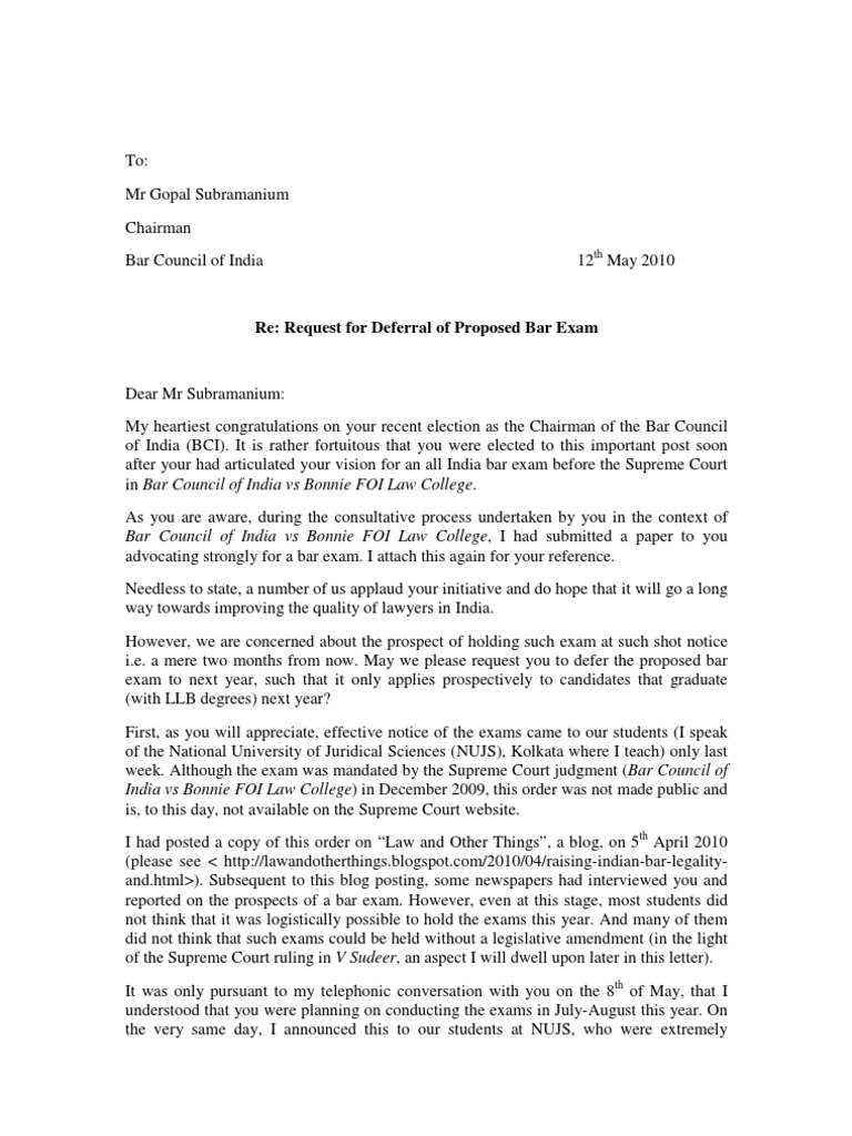 Request to Delay Bar Exam 2010 | PDF | Advocate | Legal Education