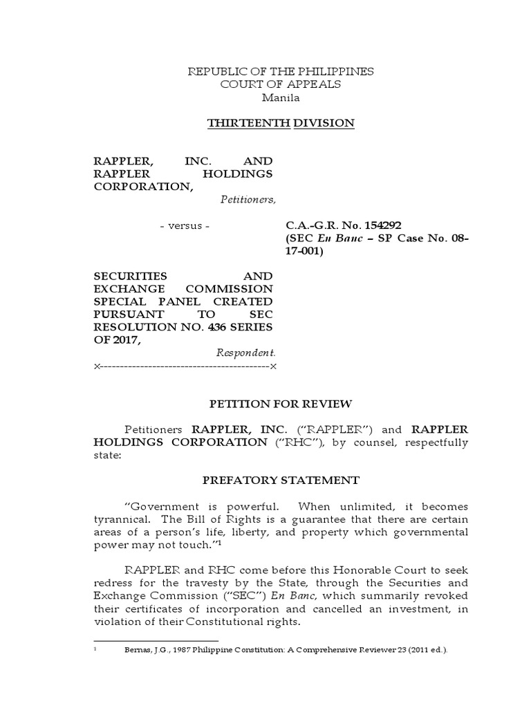 Rappler's Petition Against SEC Decision | PDF | Due Process | Journalism