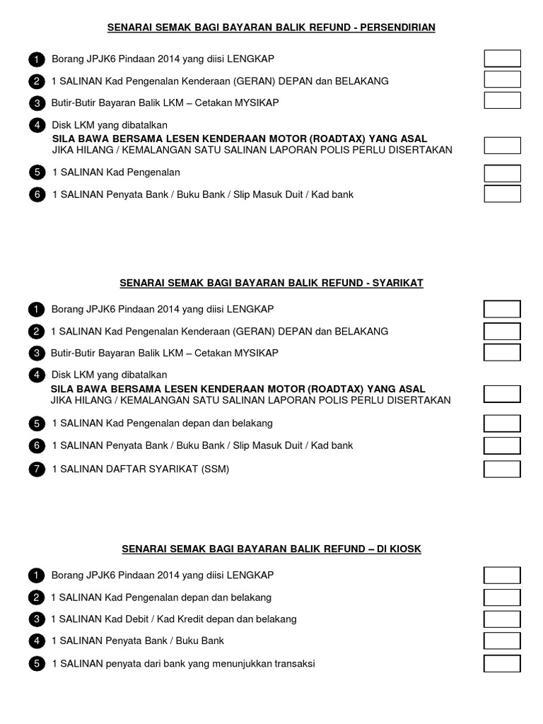 JPJK6 - Permohonan Bayaran Balik LKM (Refund Roadtax) | PDF