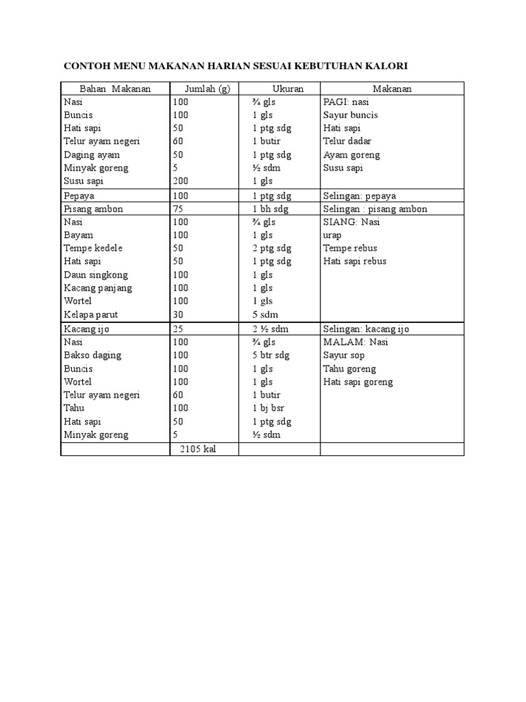 Risa - Contoh Menu Makanan Harian Sesuai Kebutuhan Kalori | PDF