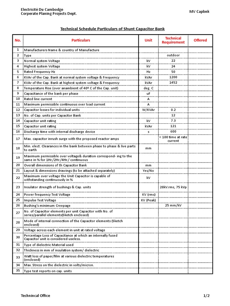 Capacitor Bank Spec. | PDF | Capacitor | Insulator (Electricity)