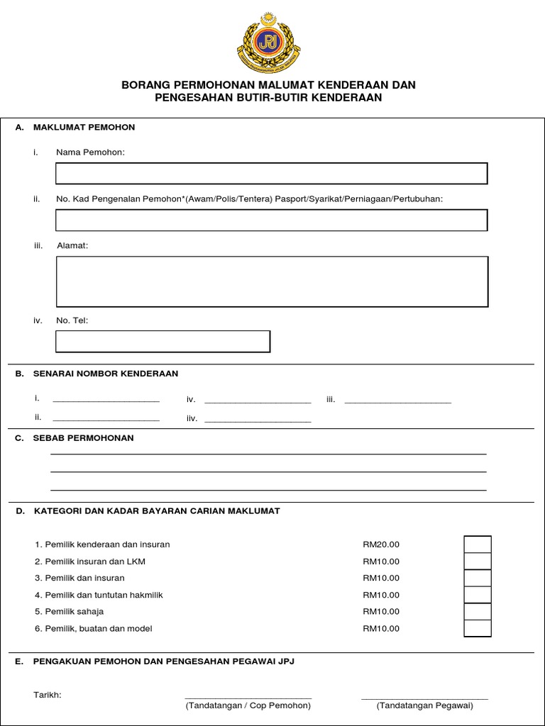 Borang Permohonan Maklumat Kenderaan Dan Pengesahan Butir-Butir ...