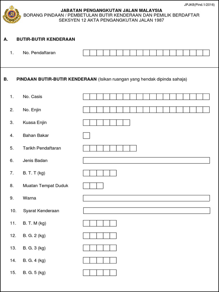 Panduan Isi Borang JPJ K8 2016 | PDF