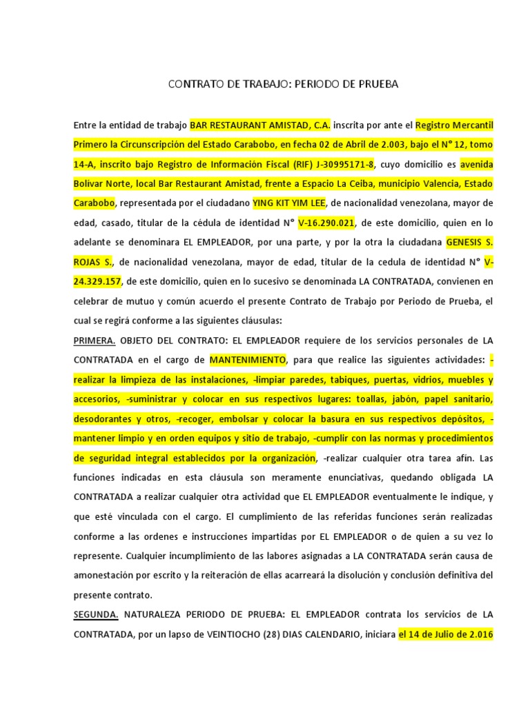 Contrato de Trabajo Periodo de Prueba | PDF | Derecho laboral | Tiempo de trabajo