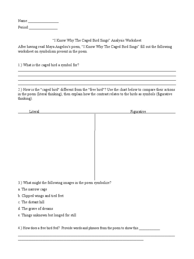 Caged Bird Poem Analysis Worksheet | PDF | Language Arts & Discipline ...