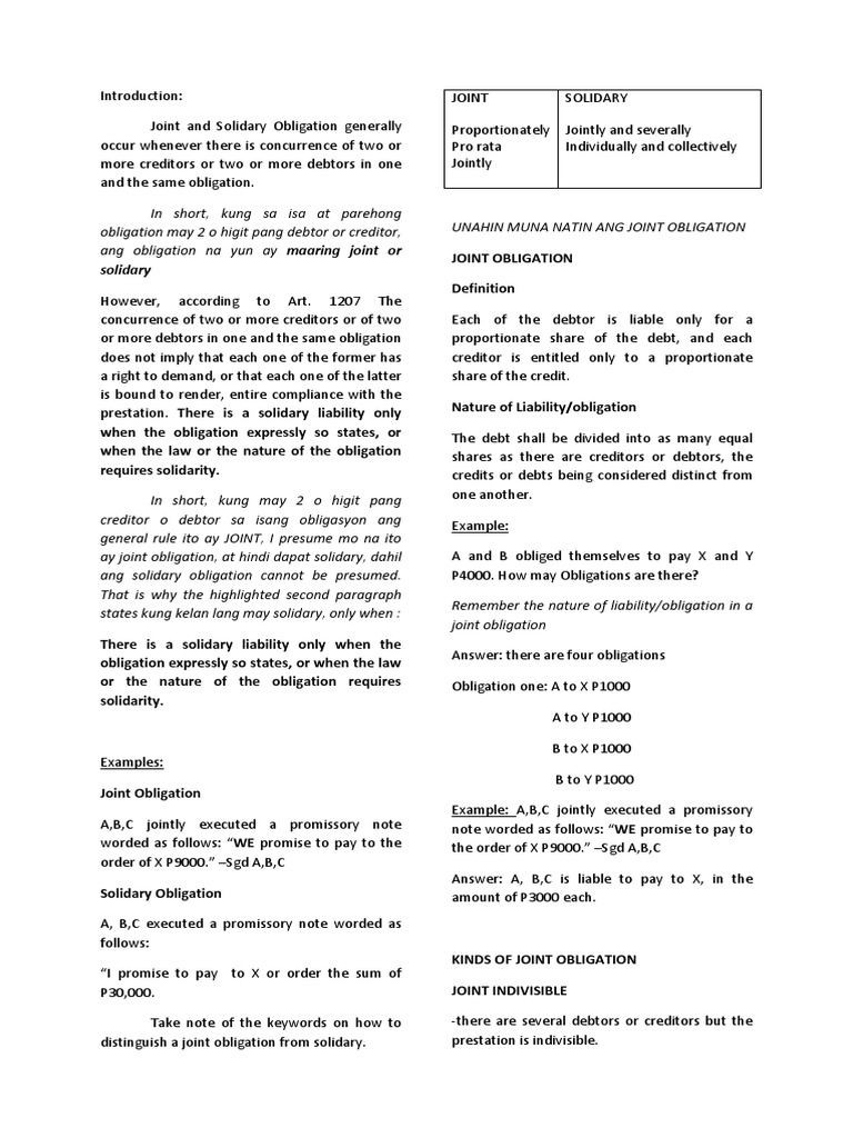 Joint and Solidary Obligation (Simplified) | Debtor | Joint And Several ...