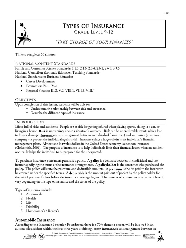 Types of Insurance Lesson Plan | PDF | Vehicle Insurance | Home Insurance