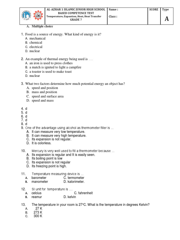 Daily Test Temperature, Heat and Exp | PDF | Temperature | Thermometer