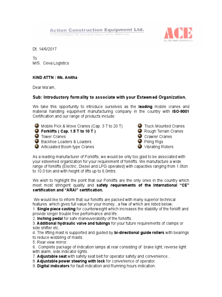 Intro Letter - Ceva Logistics | PDF | Crane (Machine) | Forklift
