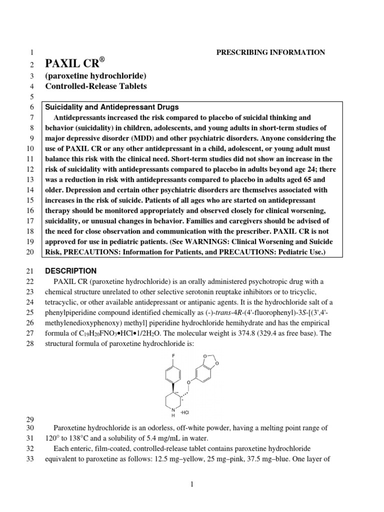 Paxil CR: (Paroxetine Hydrochloride) Controlled-Release Tablets | PDF ...