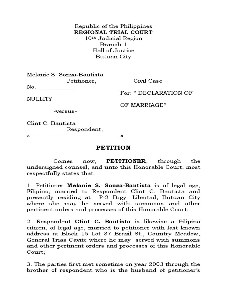Petition Declaration of Nullity of Marriage | PDF