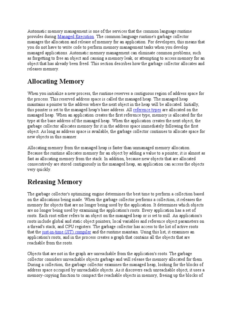 Automatic Memory Management Is One of The Services That The Common ...