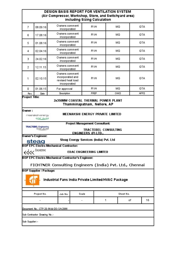 Ventilation System Design and Sizing Calculations for Key Areas of a ...