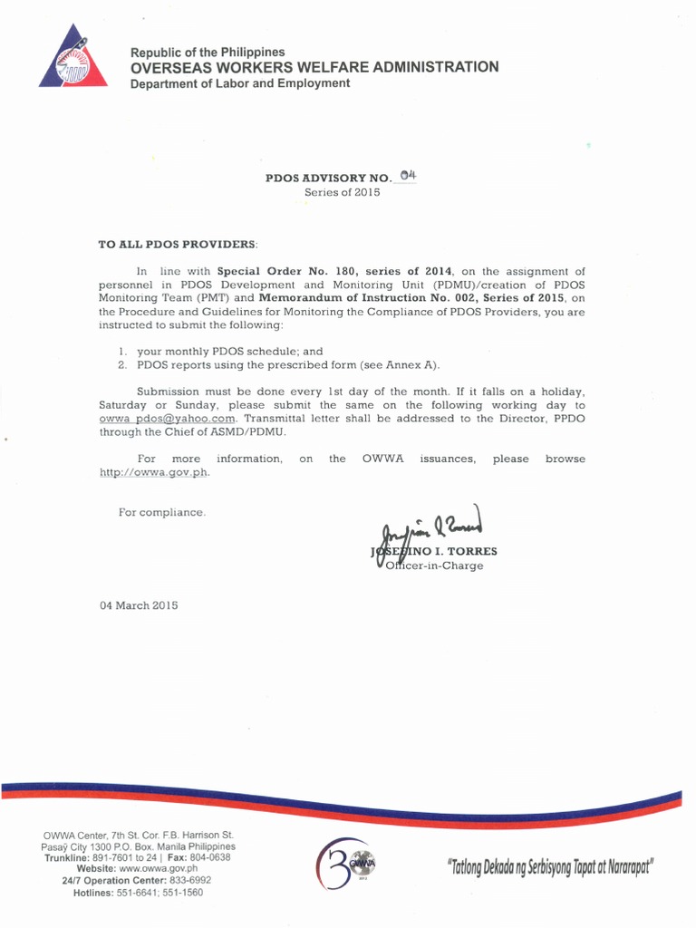 Advisory No. 04-15 (Submission of Monthly PDOS Schedule (For PDOS ...