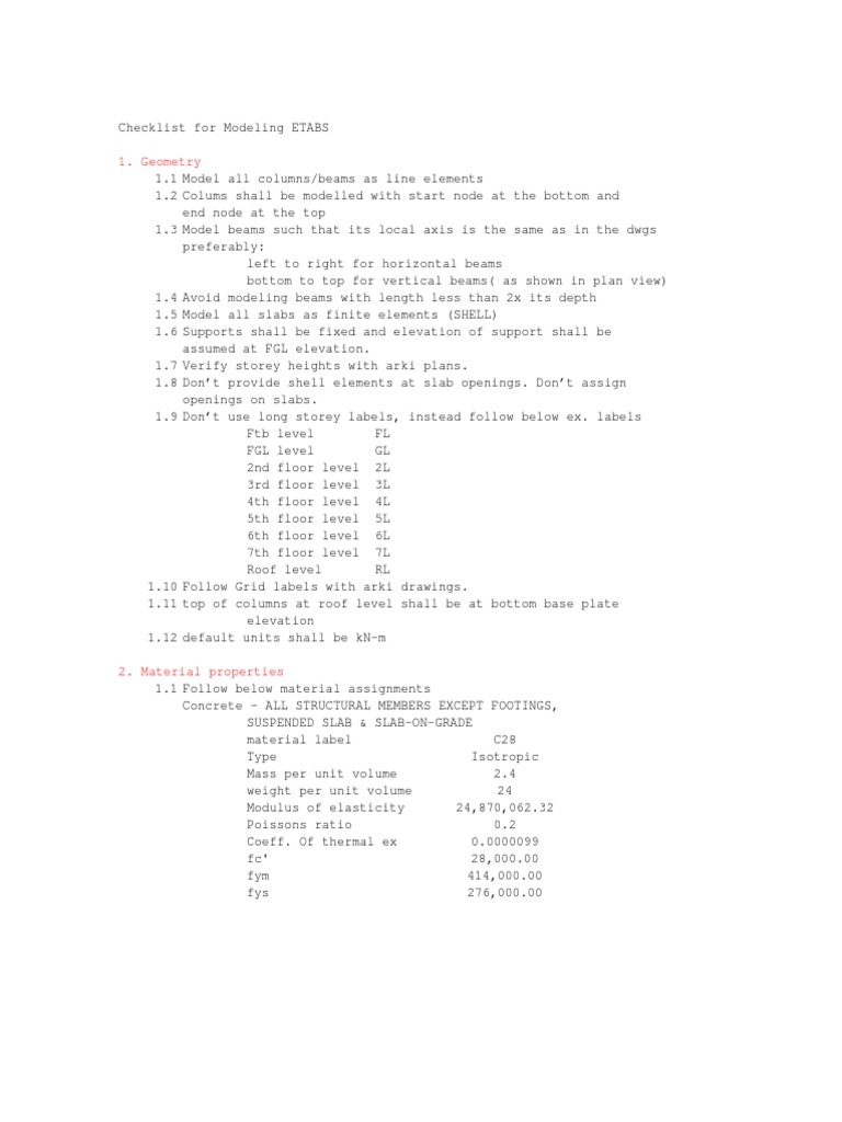Checklist For Modelling ETABS | PDF | Beam (Structure) | Young's Modulus