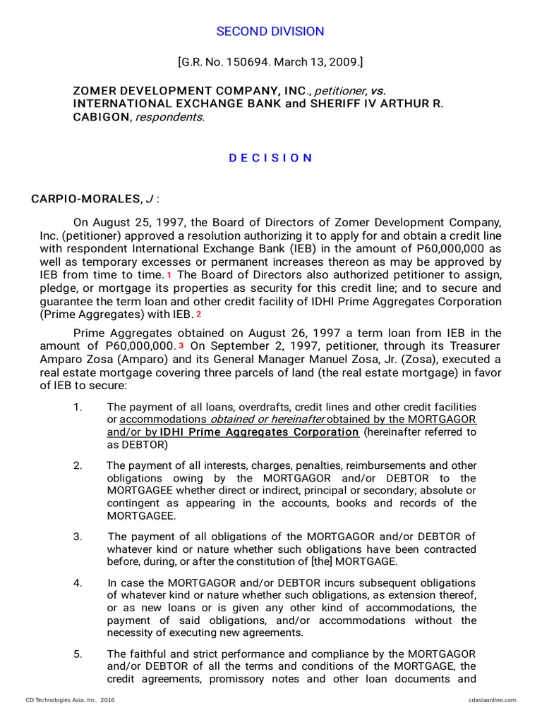 Zomer Development vs. IEB Foreclosure Case | PDF | Mortgage Law ...