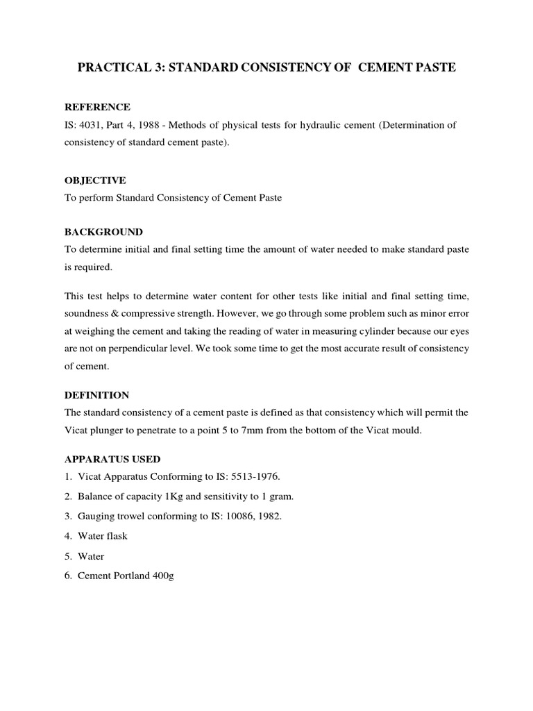 Practical 3: Standard Consistency of Cement Paste: Reference | PDF ...