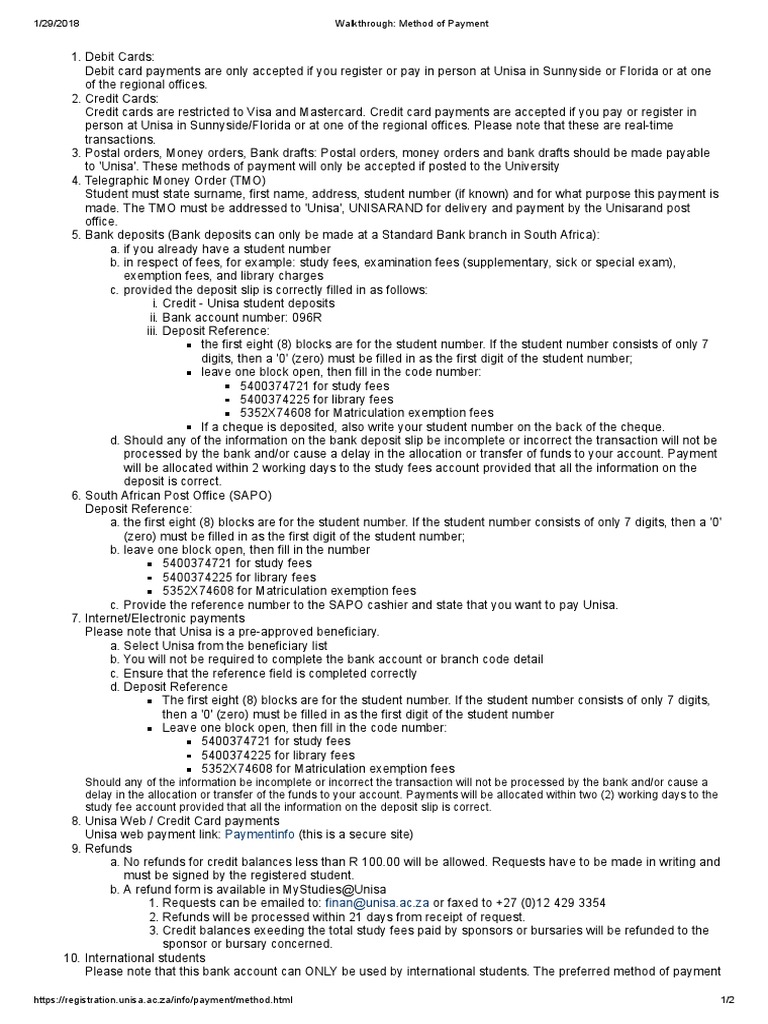 Unisa Payment Methods Overview | PDF | Payments | Credit Card