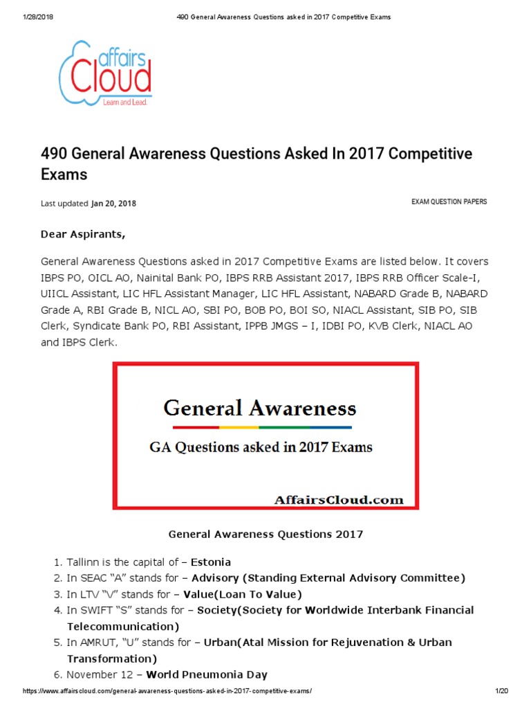 490 General Awareness Questions 2017 | PDF | Reserve Bank Of India | Cheque